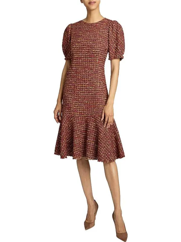 Santorelli Dasia Sheath Tweed Dress With Puff Sleeves - Auburn Multi