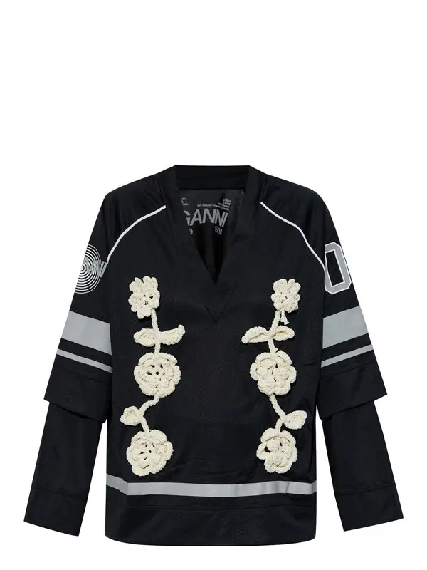 GANNI Logo Top With Floral Appliqu - Black