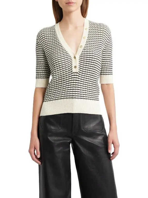 FRAME The Stripe V-neck Short Sleeve Sweater - Cream Multi