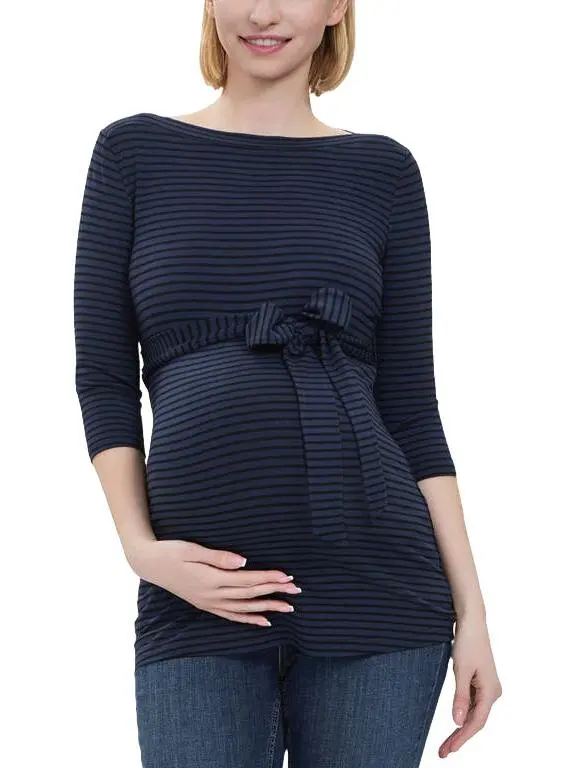 KIMI + KAI Maternity Striped Boat Neck Top - Navy