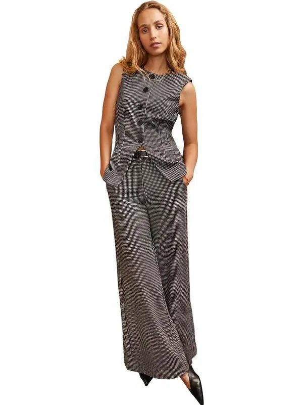 RO&ZO Tailored Wide Leg Houndstooth Trousers - Grey