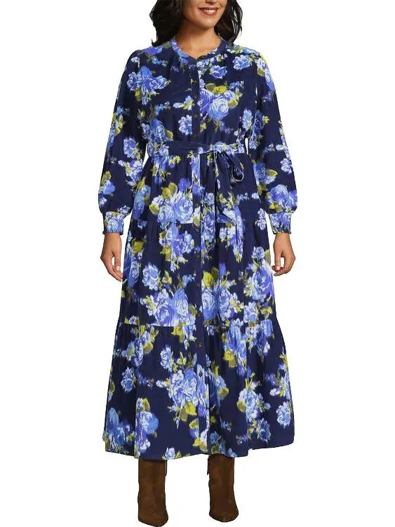 LANDS' END Pinwale Cord Smocked Sleeve Maxi Dress - Deep Sea/clear Blue Roses
