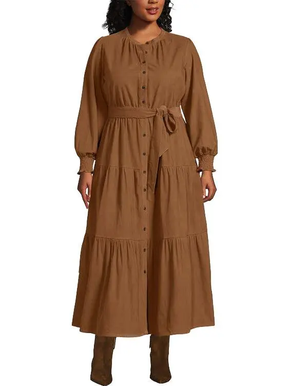 LANDS' END Pinwale Cord Smocked Sleeve Maxi Dress - Maple Toffee