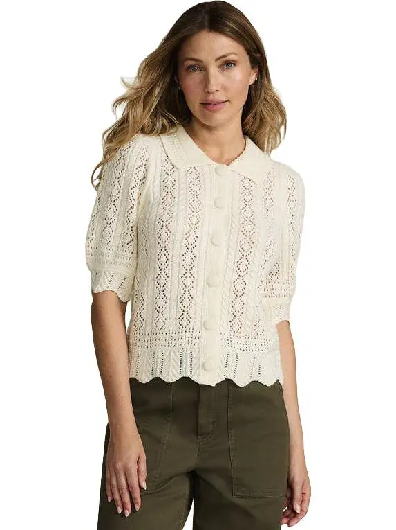 LANDS' END Lace Pointelle Puff Sleeve Cardigan - Fresh Ivory