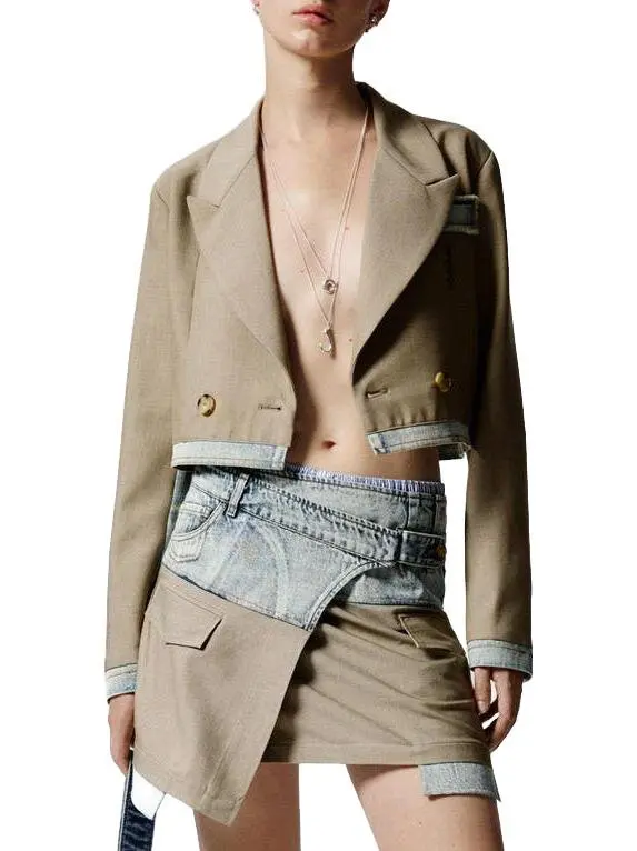 Desigual Color Block Cropped Double Breasted Blazer - Beige Multi