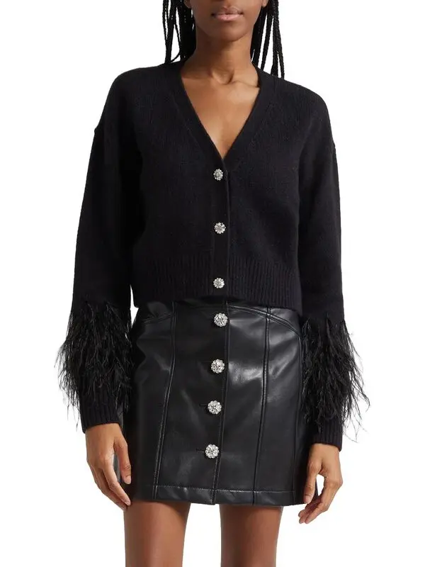 Cinq À Sept Briana Feather Trim Cardigan - Black