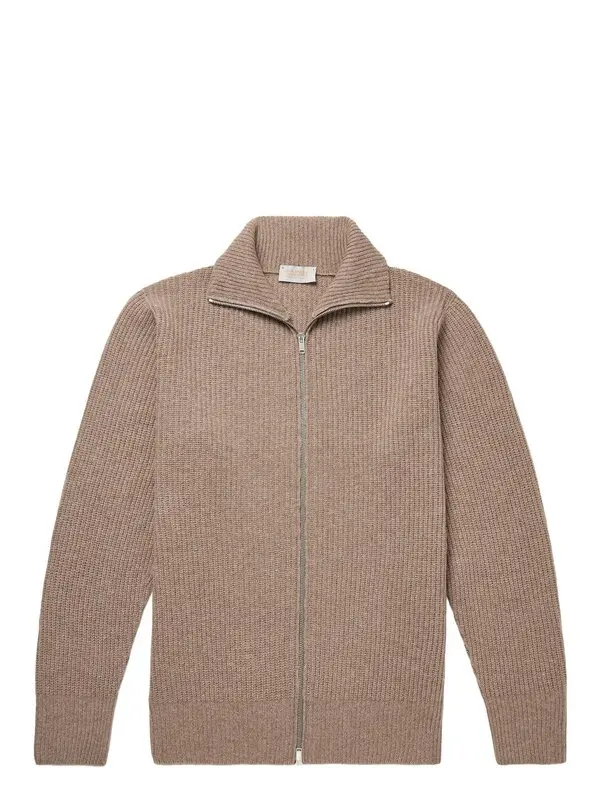 John Smedley Mallam Ribbed Cashmere And Merino Wool-blend Zip-up Cardigan - Neutrals
