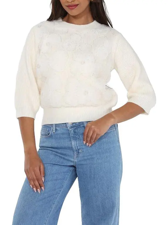 RAIN AND ROSE Floral Embroidered Crewneck Sweater - Ivory
