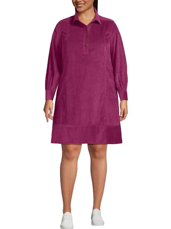 LANDS' END Wide Wale Cord Popover Long Sleeve Shirt Dress - Light Raspberry Sorbet