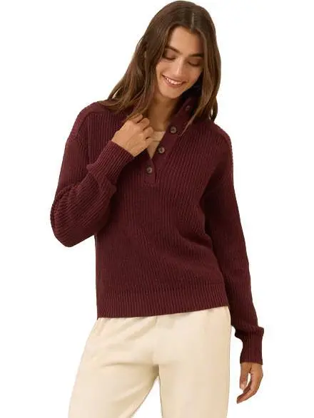 PACT Luxe Knit Henley Sweater - Ruby Heather