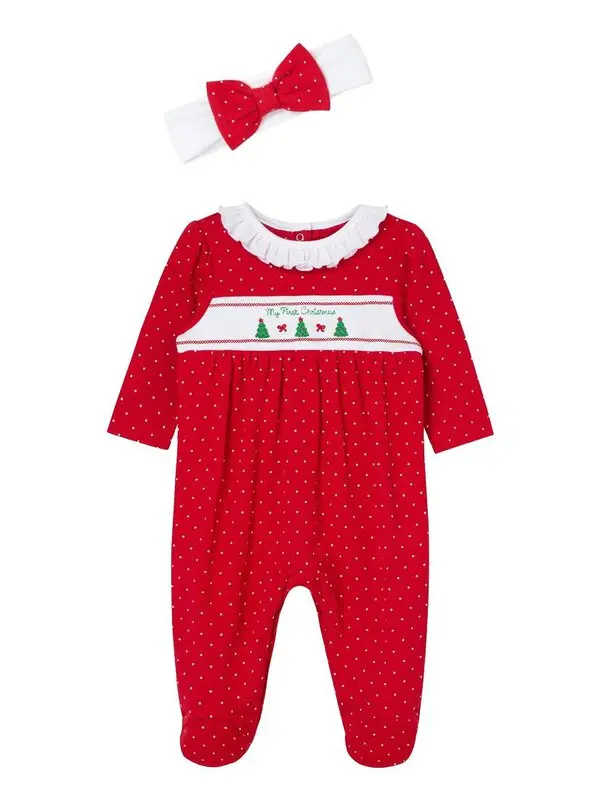 LITTLE ME Dainty Trees Cotton Footie & Headband Set - Red