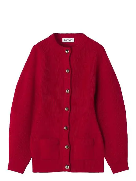 LANVIN Wool Ribbed Knit Cardigan - Red Anemone