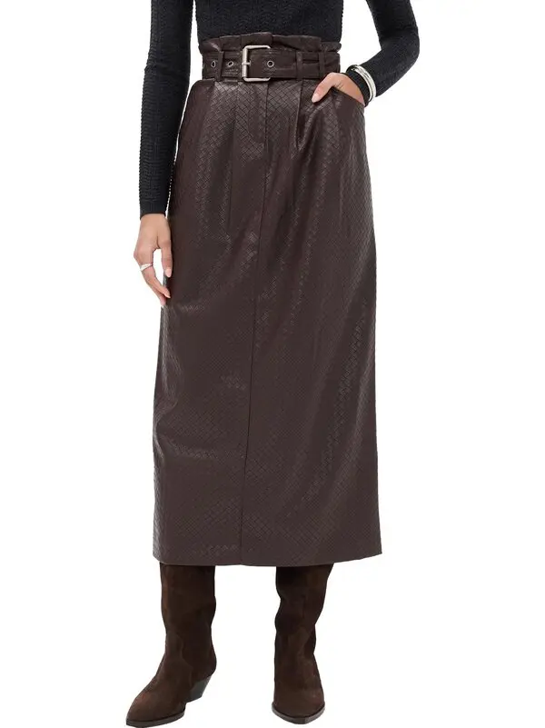 Remain Birger Christensen Faux Leather Midi Skirt With Paper Bag Waist - Chicory Coffee
