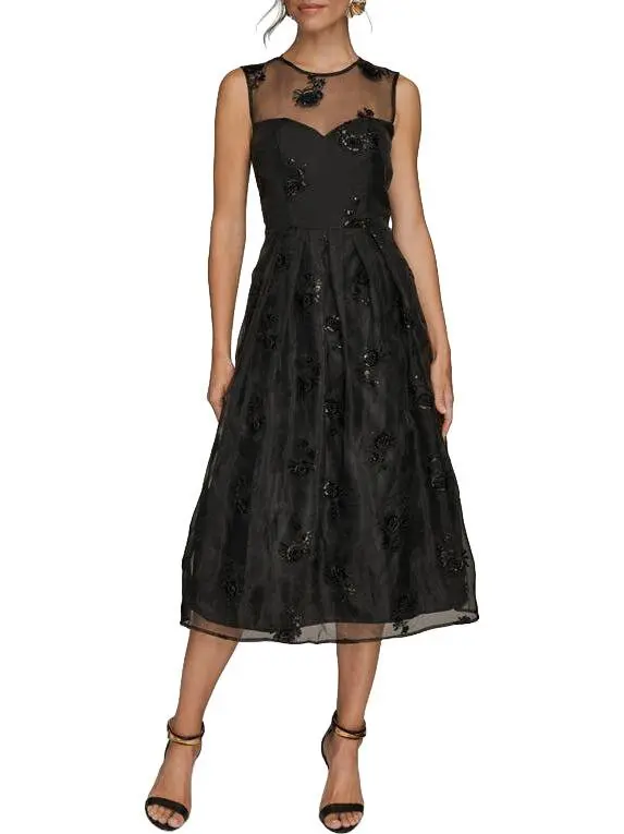 Donna Karan New York Sequin Mesh Sleeveless Midi Dress - Black