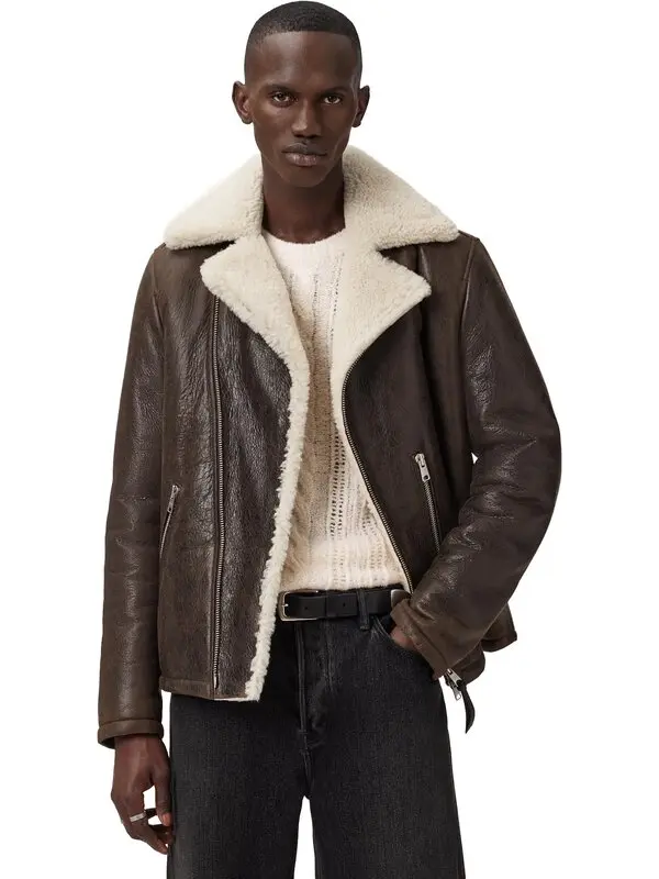 All Saints Xylon Shearling Biker Jacket - Barkwood Brown