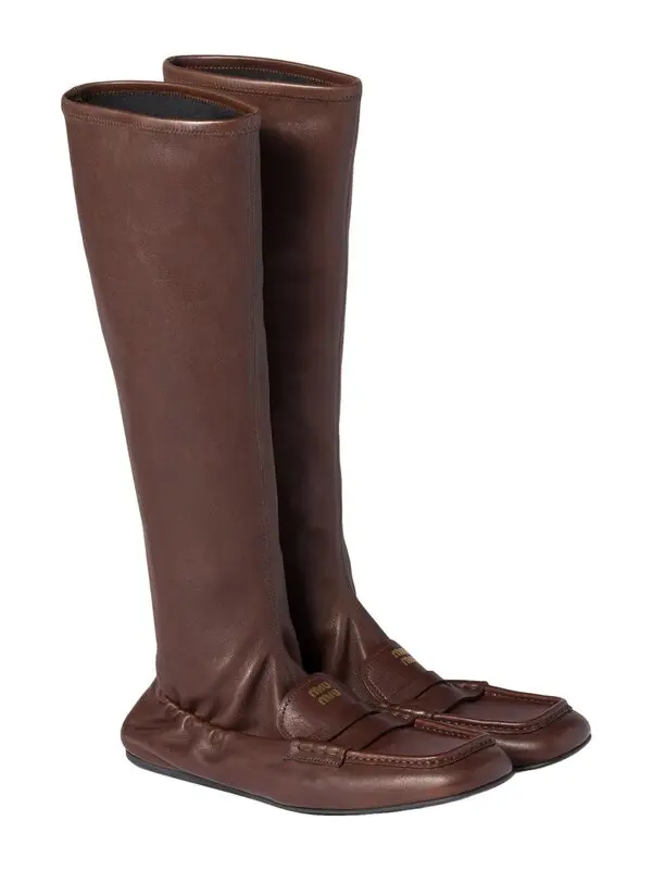 Miu Miu Ruches Nappa Leather Knee High Boots - Briarwood