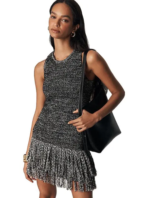 SIMONMILLER Sondra Fringed Sweater Mini Dress - Black & White Pattern