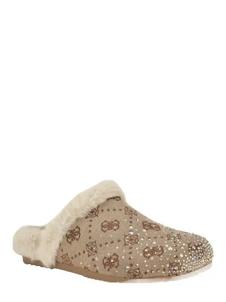 Guess Gascona Rhinestone & Faux Fur Clog - Medium Brown
