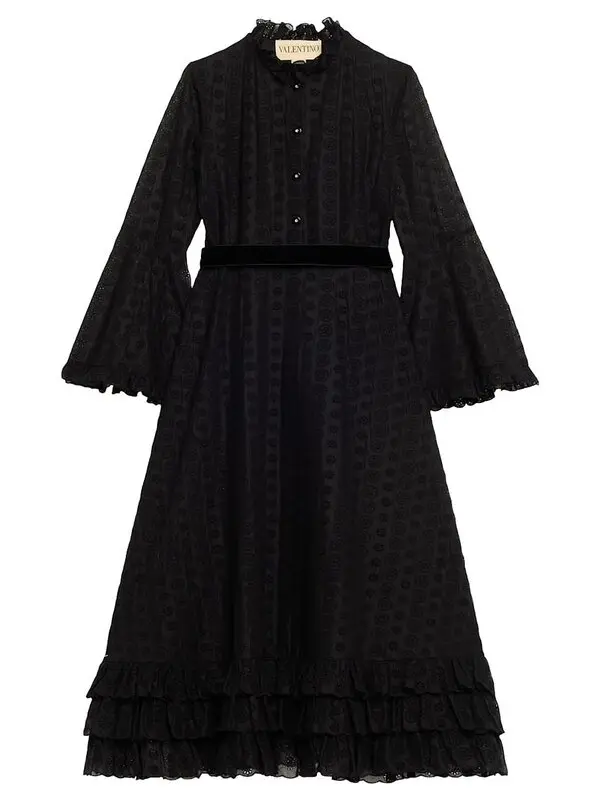Valentino Garavani Daisy Sangallo Ruffle Trim Belted Midi Dress - Black