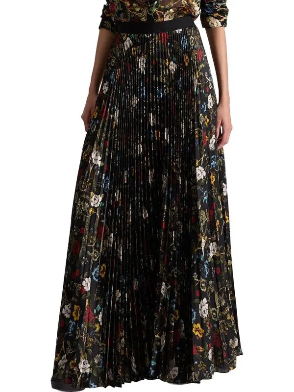 Alice + Olivia Katz Floral Pleated Maxi Skirt - Tapestry Trails/black