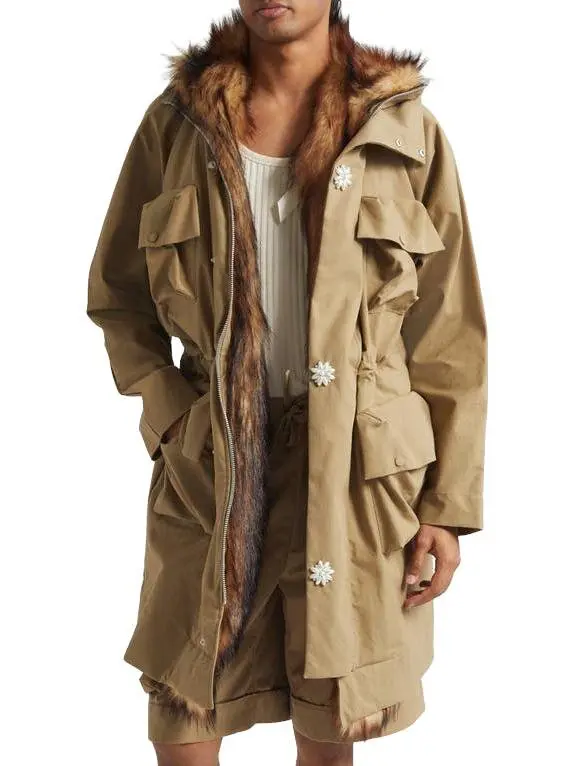 Simone Rocha Multi Pocket Faux Fur Lined Parka - Stone/pearl