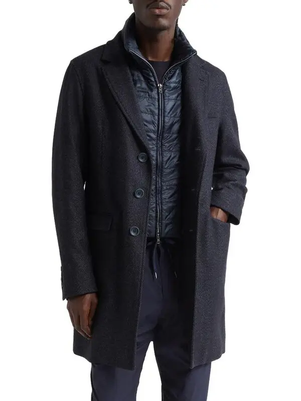 Herno Wool Blend Herringbone Topcoat With Removable Bib - Blue Navy