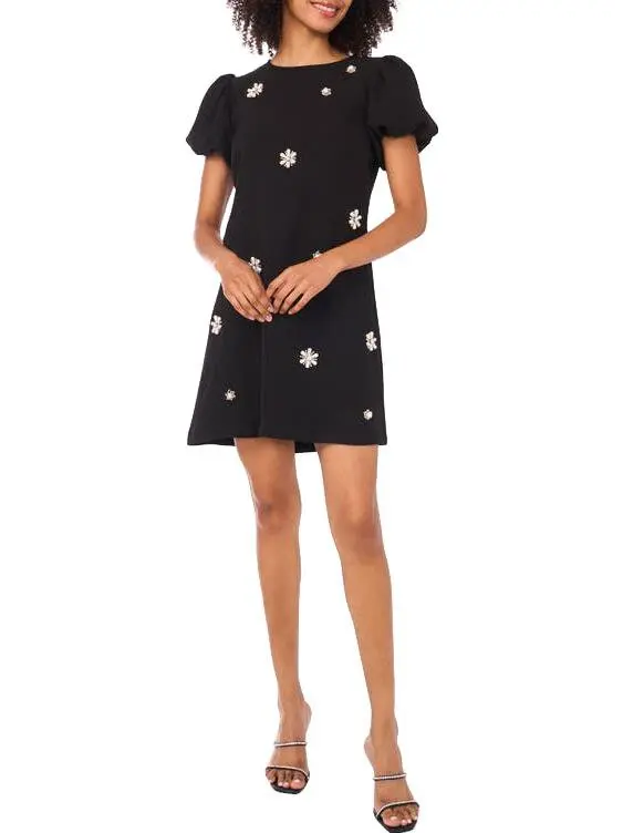 CECE DUPRAZ Embellished Puff Sleeve Sheath Dress - Rich Black