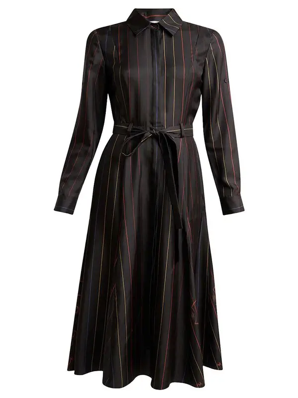 Gabriela Hearst Striped Silk Belted Midi Shirtdress - Charcoal Multi