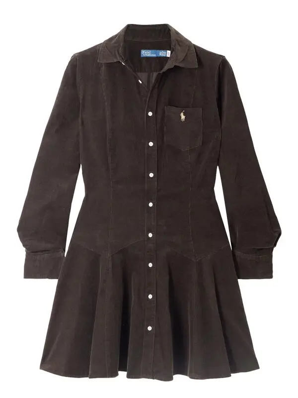 Ralph Lauren Embroidered Cotton-corduroy Mini Shirt Dress - Brown