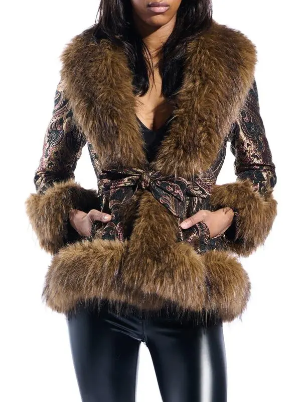 AZALEA WANG Jacquard Coat With Faux Fur Trim And Belt - Black Multi