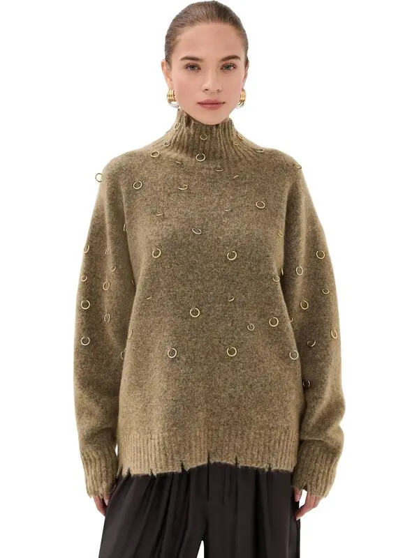 FRENKEN Oversized Turtleneck Sweater With O-ring Embellishments - Camel