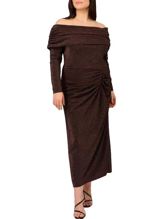 Adrianna Papell Metallic Knit Off-the-shoulder Gown - Chocolate