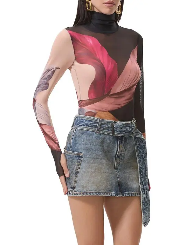AFRM Zadie Printed Turtleneck Mesh Top - Feather Fan
