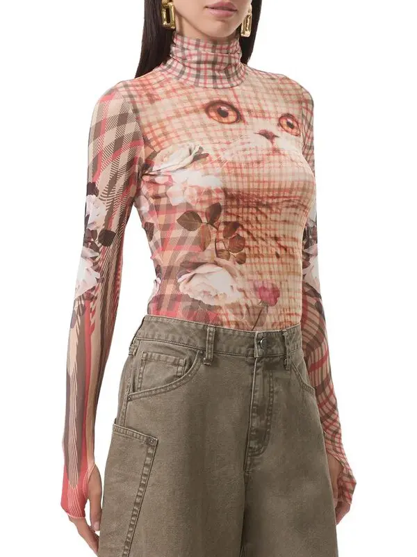 AFRM Zadie Printed Turtleneck Mesh Top - Kitten Plaid