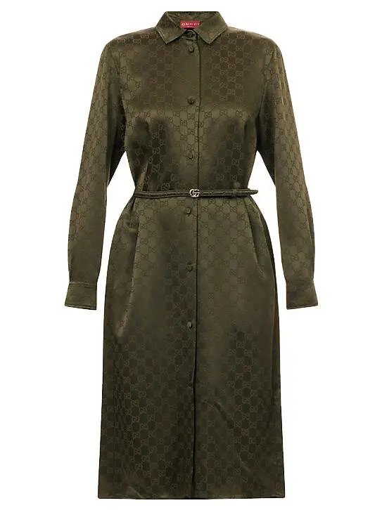 Gucci Gg Monogram Satin Midi Dress - Greysh Forest Green