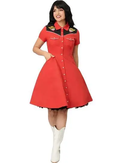 SMAK PARLOUR Embroidered Western Flare Dress - Rust