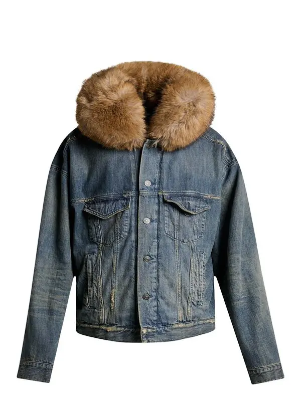Balenciaga Faux Fur-trim Hooded Denim Trucker Jacket - Vert Multi