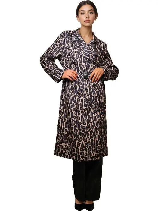 KNIT & LOUNGE Belted Longline Coat - Leopard Print