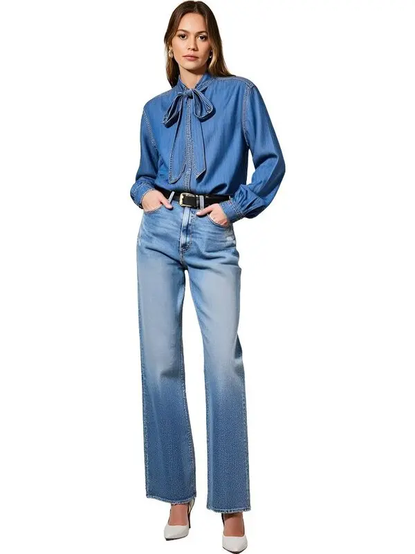 MODENAIRE Tie-neck Button-front Blouse - Chambray Blue
