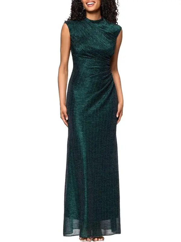 Betsy & Adam Metallic Crinkle Ruched Gown - Black/emerald