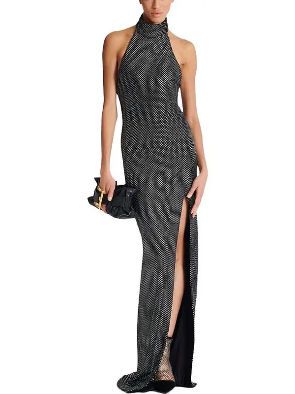Balmain Long Velvet Halterneck Rhinestone Dress - Silver