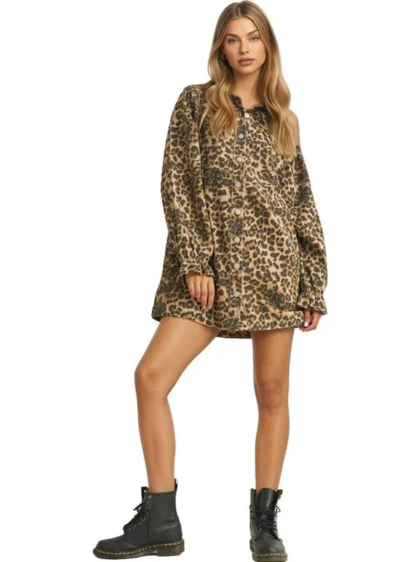 KNIT & LOUNGE Button-front Long Sleeve Shirt Dress - Leopard Print