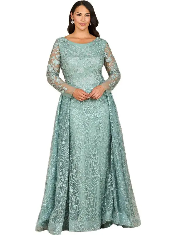 LARA NEW YORK Lace Gown With Overskirt And Illusion Neckline - Sage