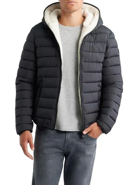 SAVE THE DUCK Bertie Faux Shearling Lined Hooded Puffer Jacket - Black
