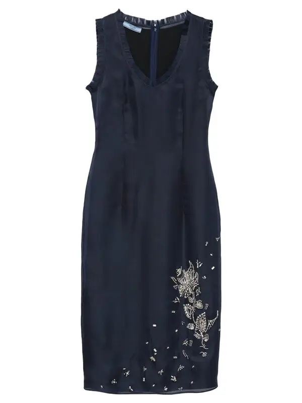 Prada Embroidered Silk Organza Sheath Dress - Navy