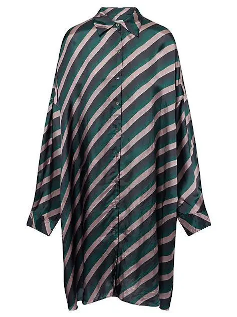 Dries Van Noten Woven Midi Shirt Dress With Diagonal Stripes - Bottle