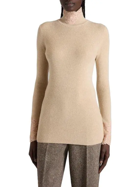 Valentino Garavani Lace Detail Cashmere Mock Neck Sweater - White/rose