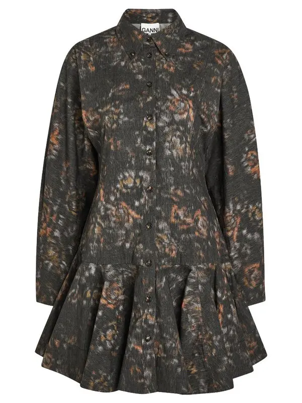 GANNI Printed Stretch-cotton Mini Shirt Dress - Black