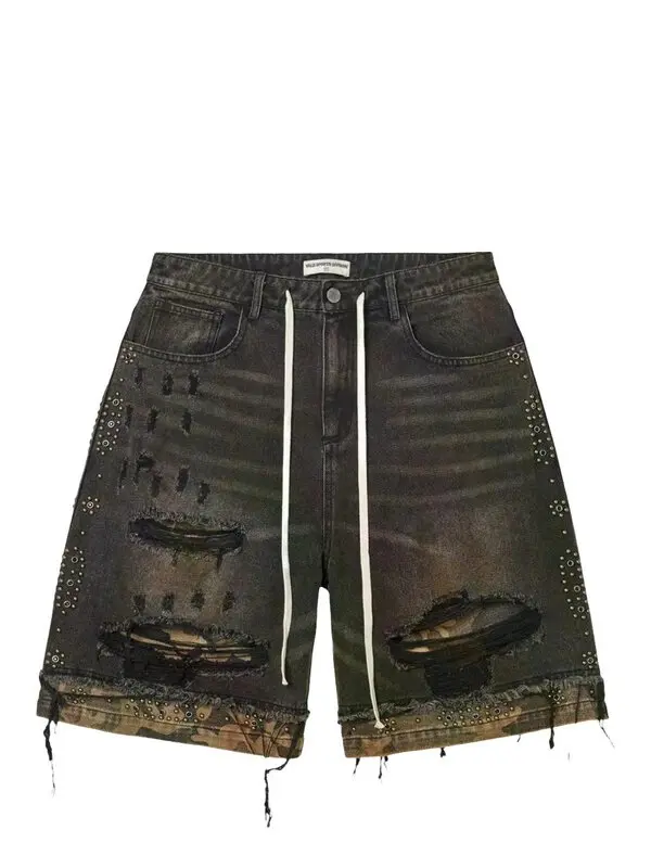VALE Studded Ripped Denim Shorts - Brown