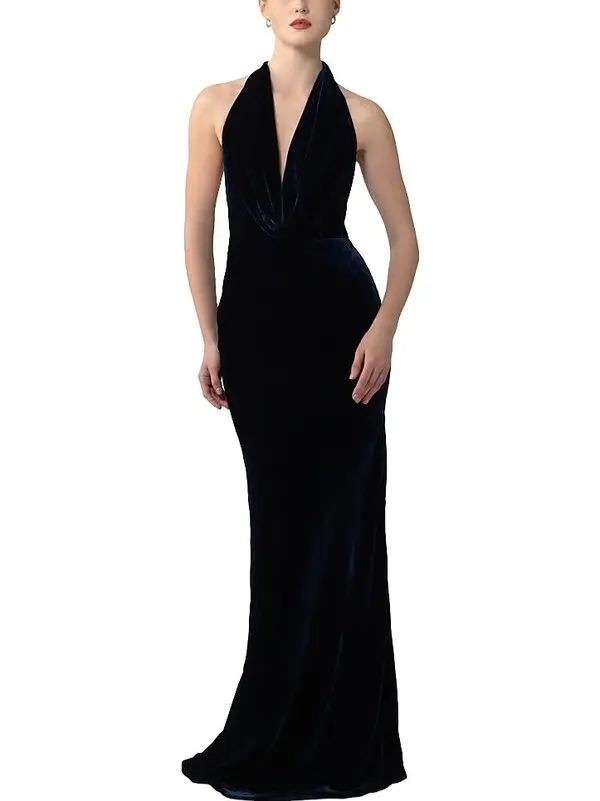 SAU LEE Pearl Velvet Gown - Navy